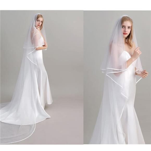 Hair | 2 Tiers Bride Wedding Veil Ivory Ribbon Cathedral Veil Bridal ...
